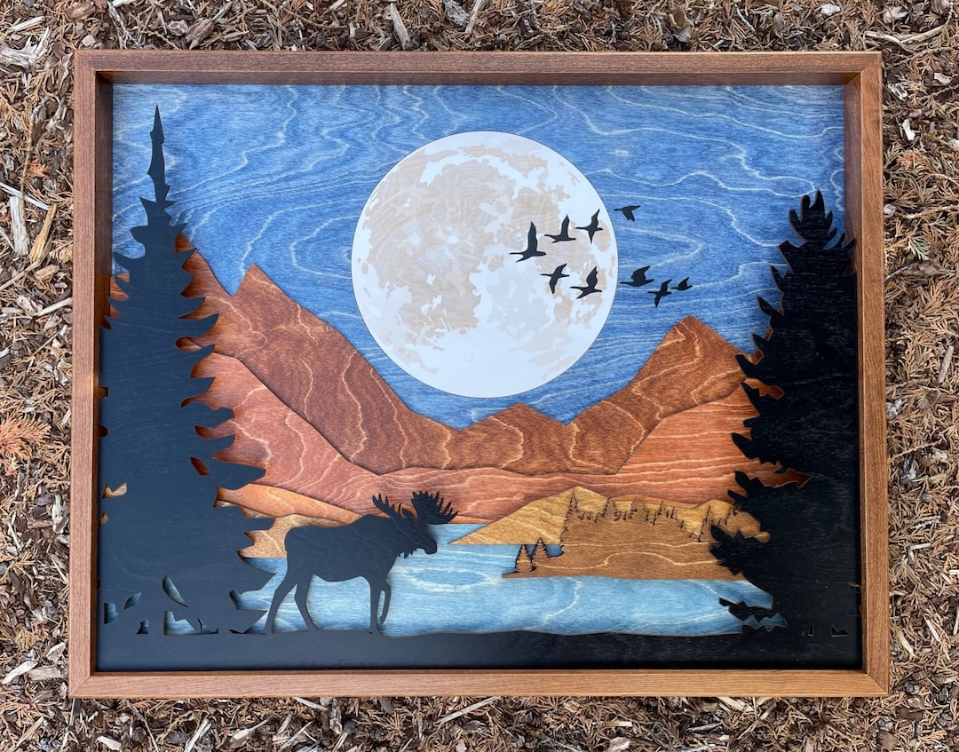 Moose in Forest by Lake 3D Wood Shadow Box Scene / Laser Cut, Etched ...