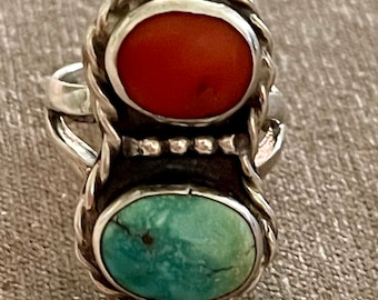 Vintage Southwestern Sterling Silver Turquoise & Red Coral - Etsy