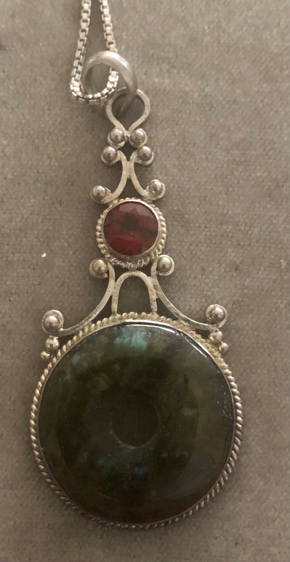 Sterling Carved Lucky Coin Shape Labradorite and Garn… - Gem