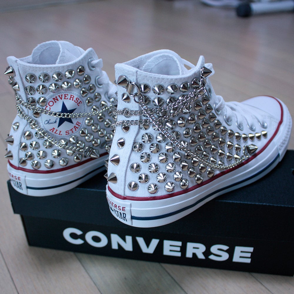 Genuine CONVERSE White with studs & chains All-star Chuck | Etsy