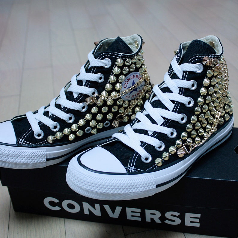 Genuine CONVERSE Black With Gold Studs & Gold Chains All-star Chuck ...