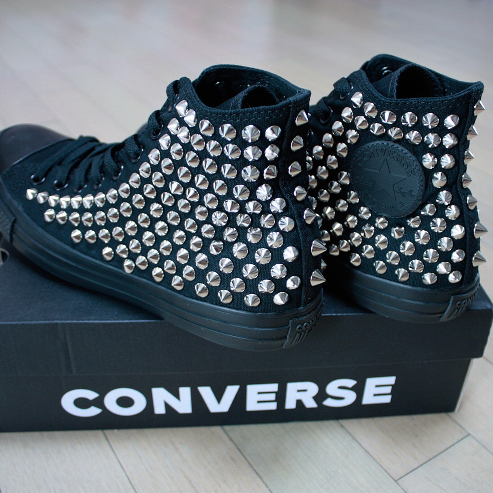 Genuine CONVERSE Monocrome-black With Silver Studs All-star - Etsy