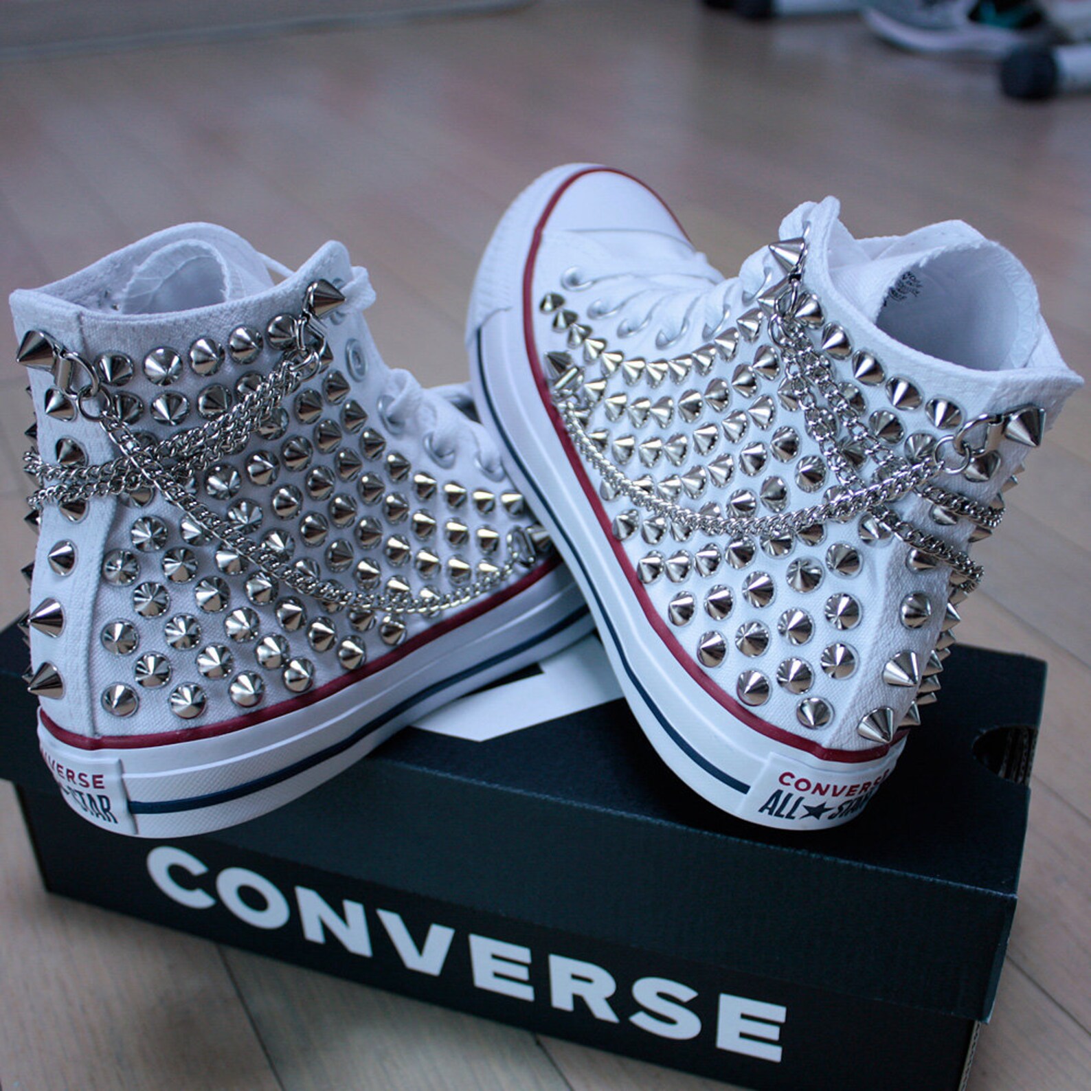 Genuine CONVERSE White with studs & chains All-star Chuck | Etsy