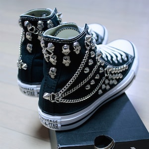 Studded CONVERSE Chucks Sneakers High Tops Black With Chains & Skulls ...