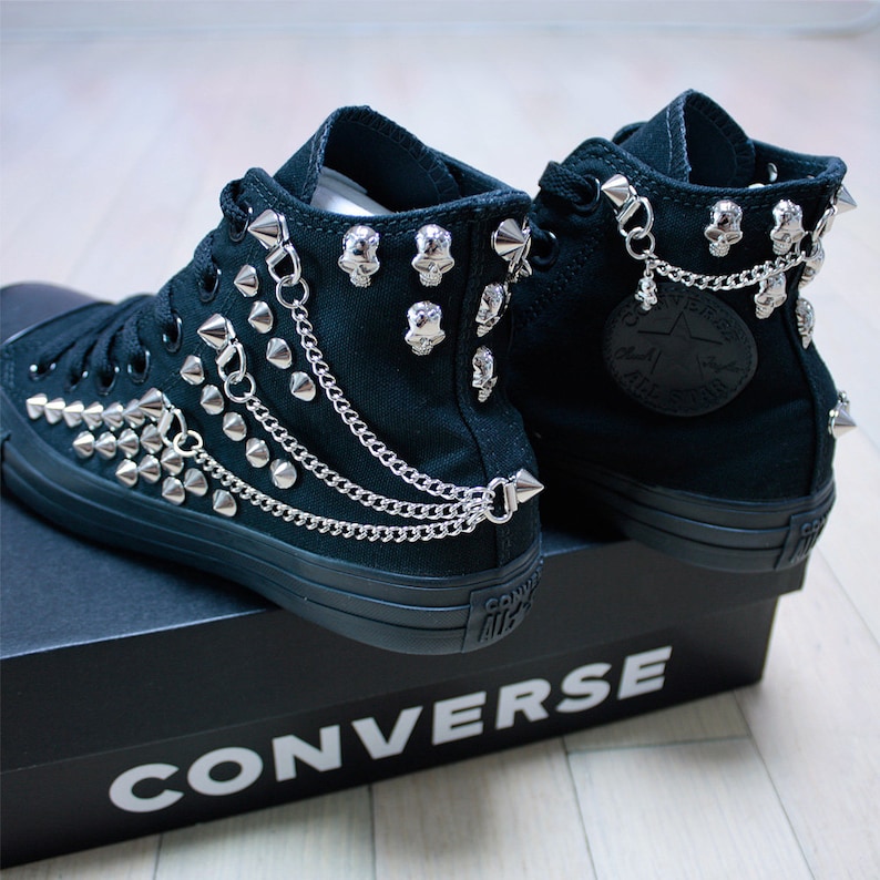 Studded CONVERSE Chucks Sneakers High Tops Monocrome-black With Chains ...