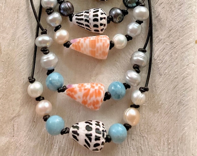 XL Freshwater Pearl on Leather, Cone Shell Necklace - Etsy