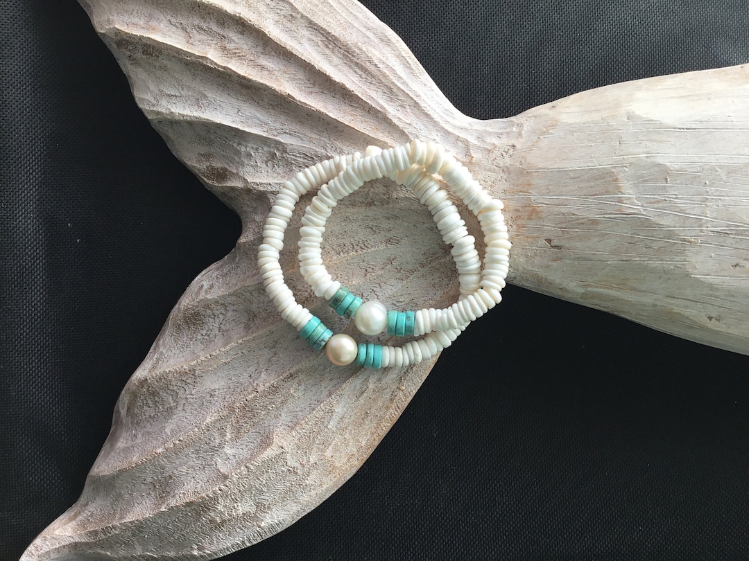 Puka Shell Bracelet Turquoise Freshwater Pearl - Etsy