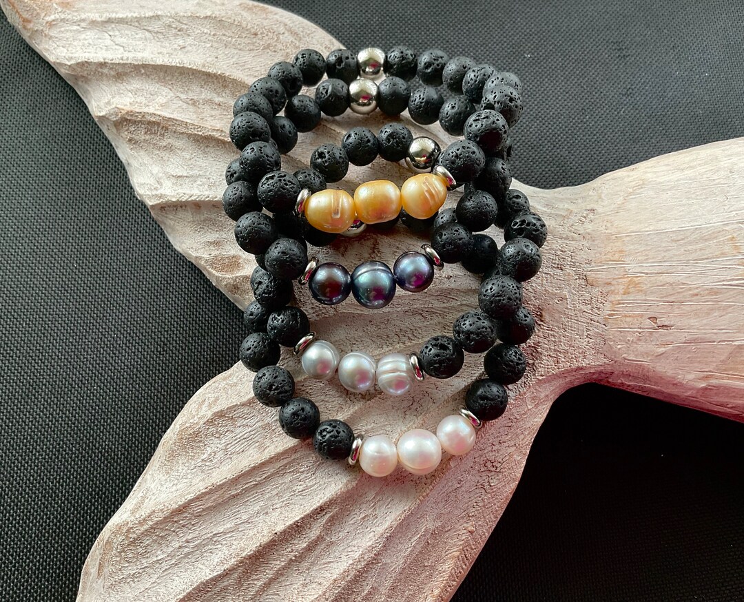 Men’s Lava Stone Beads & Pearl Bracelets - Etsy