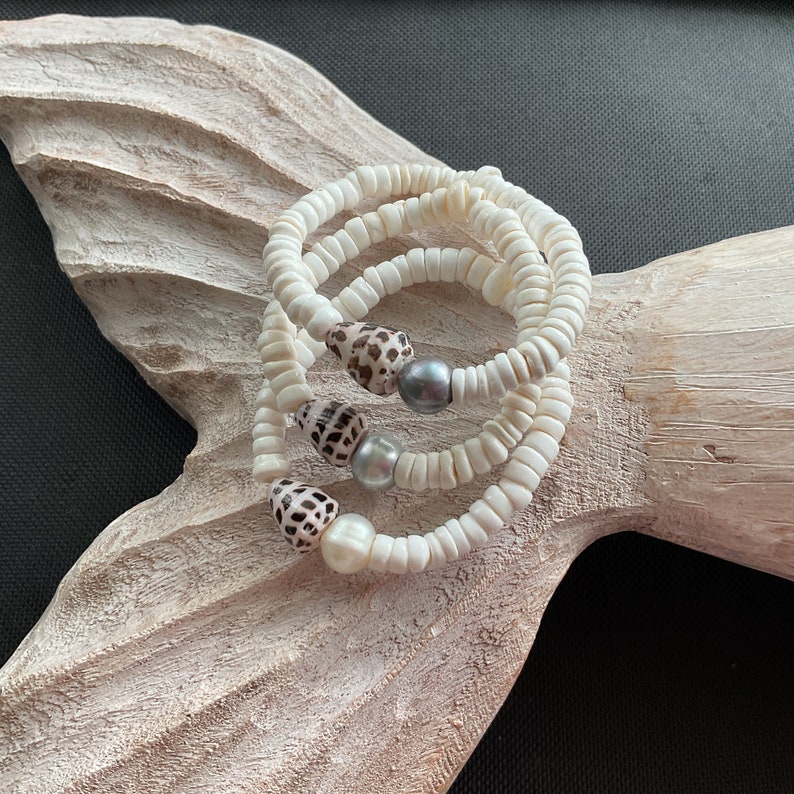 Puka Shell Bracelet , Hawaiian Cone Shell & Xtra Large Freshwater Pearl ...