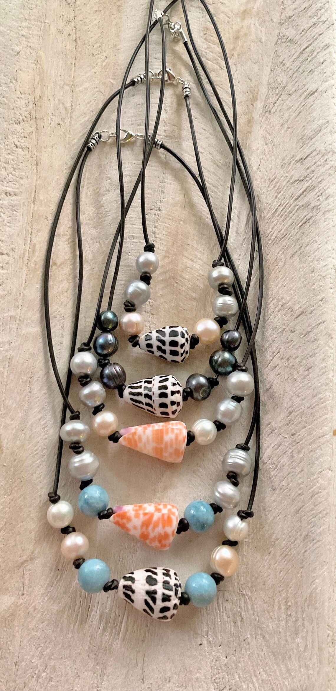XL Freshwater Pearl on Leather, Cone Shell Necklace - Etsy