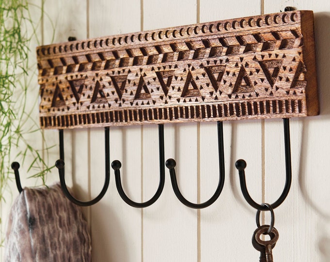 Hand Carved Wooden Coat Hanger 5 Hook Ethical Coat Rack Made From Mango ...