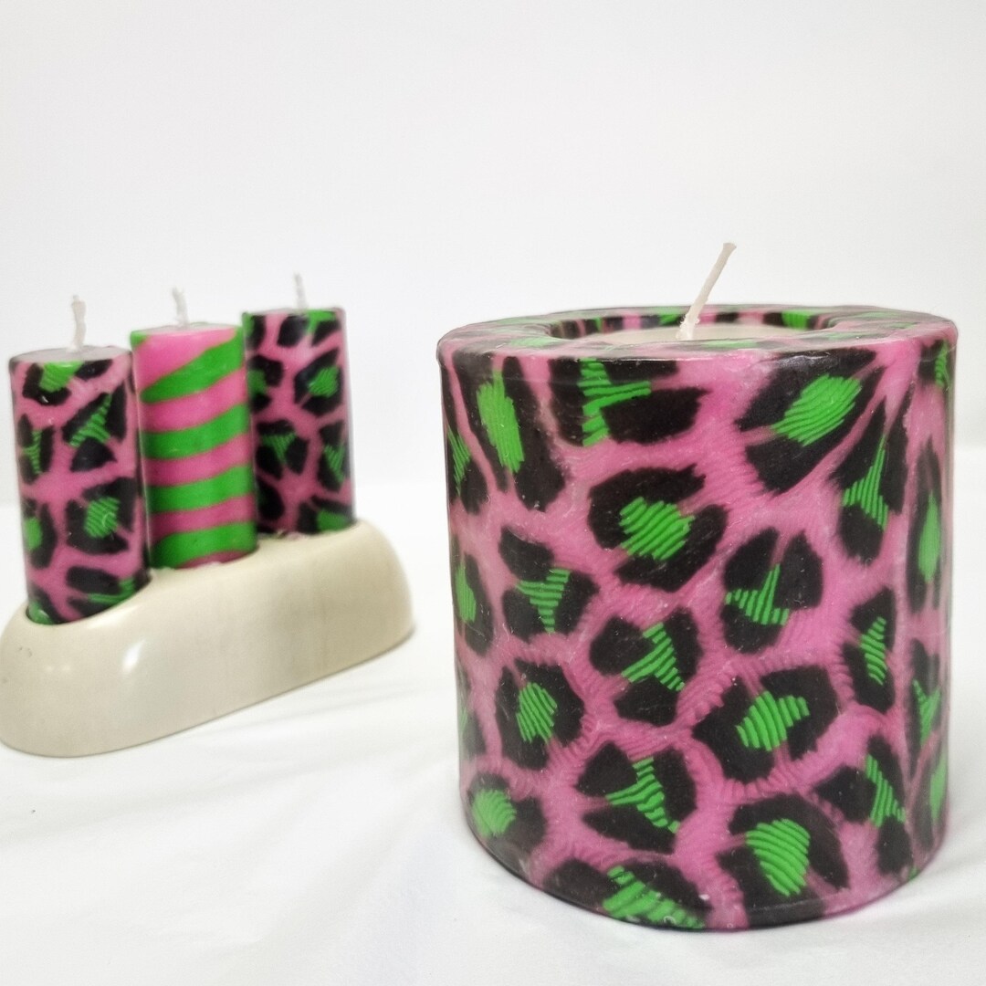 Pink & Green Leopard Print Pillar Candle - Fair Trade Swazi Candle - Etsy