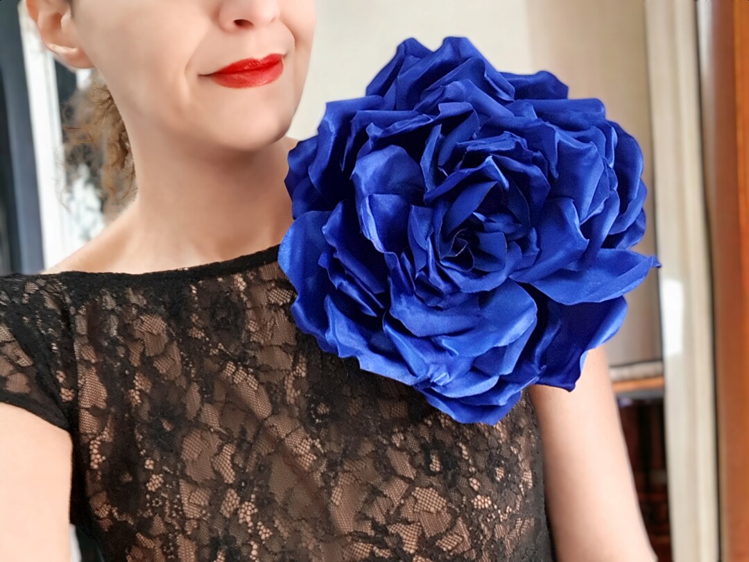 Big Blue Brooch, Blue Flower Brooch, Royal Blue Corsage, Oversized ...
