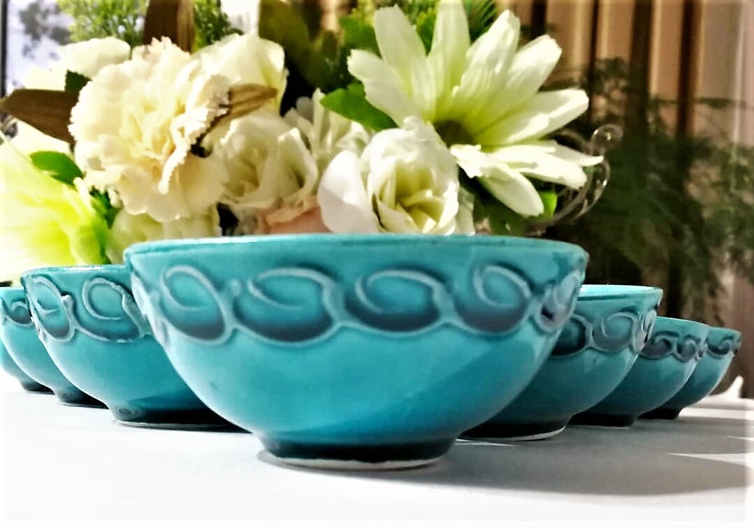 Turquoise Colored Patterned Ceramic Bowls Bridal | Etsy