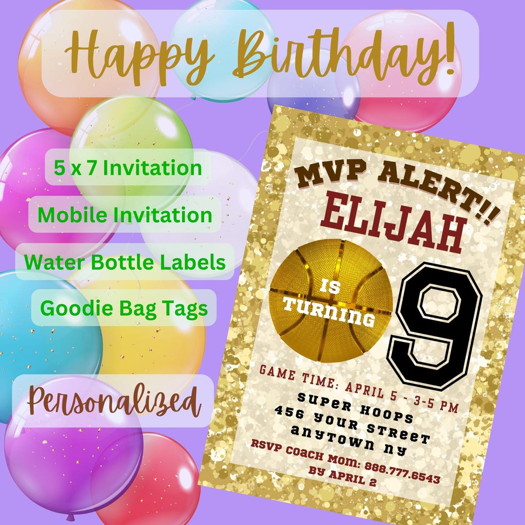 Basketball Birthday Party Invitation Bundle – MVP Theme – Personalized ...