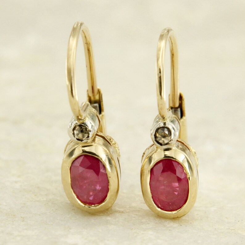 14k Gold Ruby Earrings, Antique Style Earrings, Ruby Drop Earrings ...