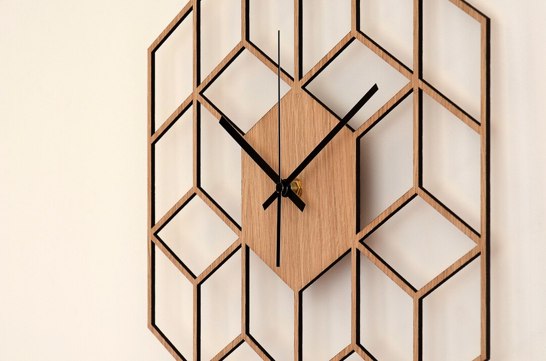 Cube Inspired Wooden Wall Clock, Silent Non Ticking Wood Clock ...