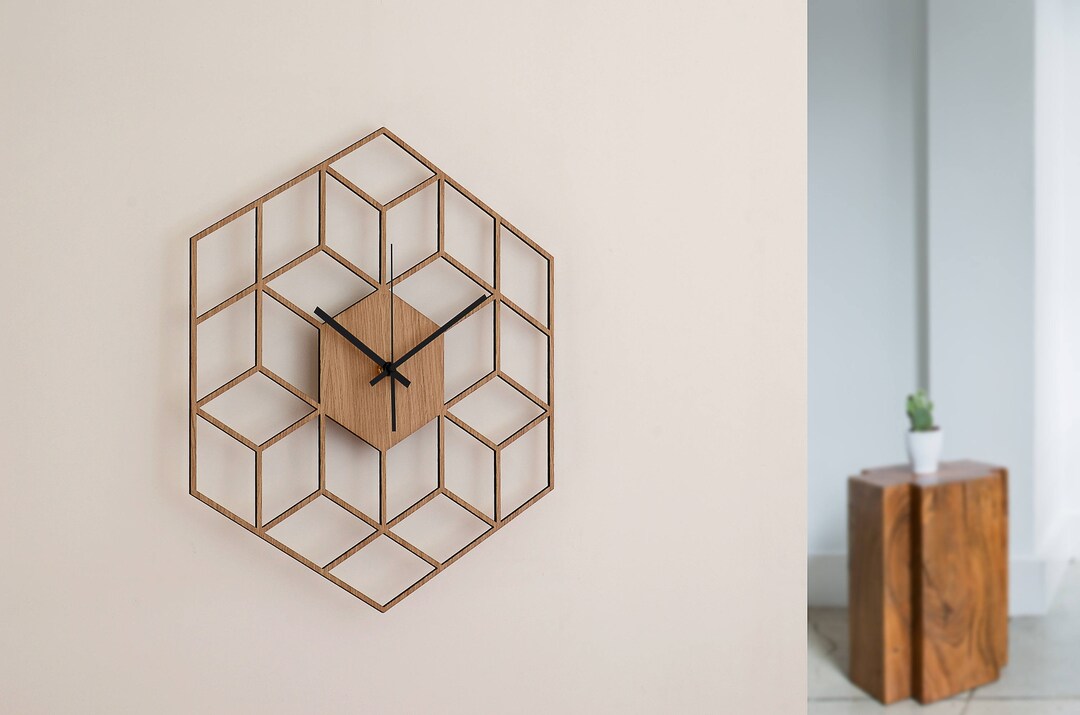 Cube Inspired Wooden Wall Clock, Silent Non Ticking Wood Clock ...