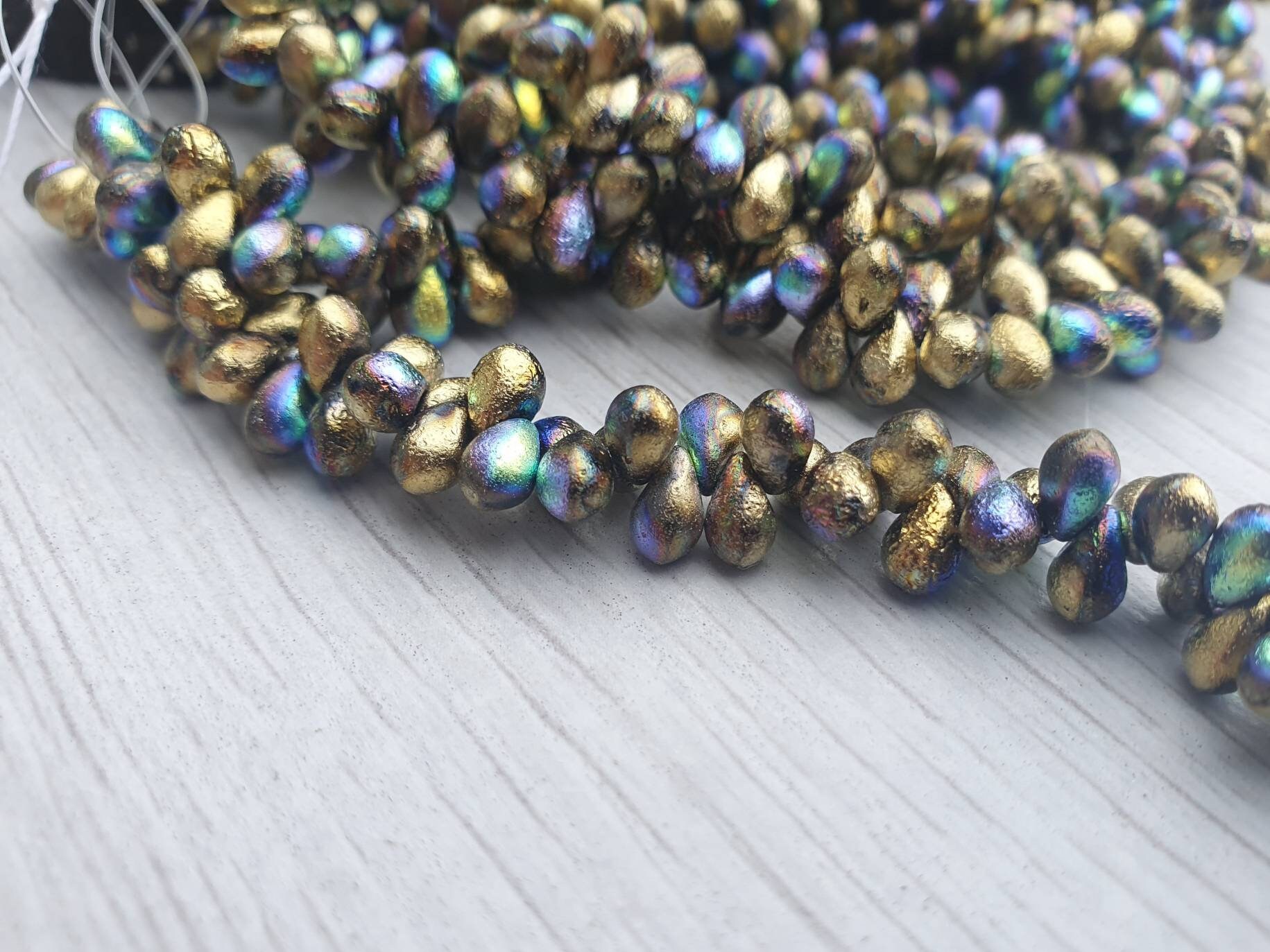 Macrame 50 Pcs 3.5 x 6mm Gold Ore AB Etched Side Drilled Czech Glass ...