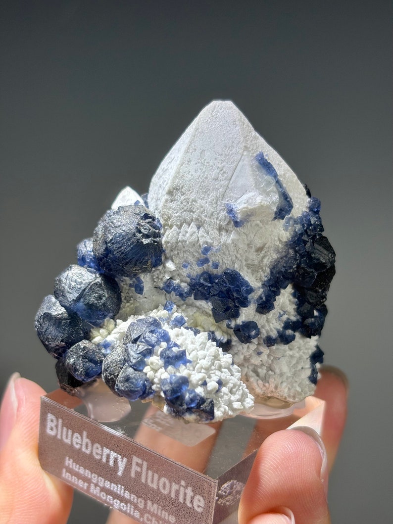 Blueberry Fluorite on Candle Quartz From Huanggangliang Mine, Inner ...