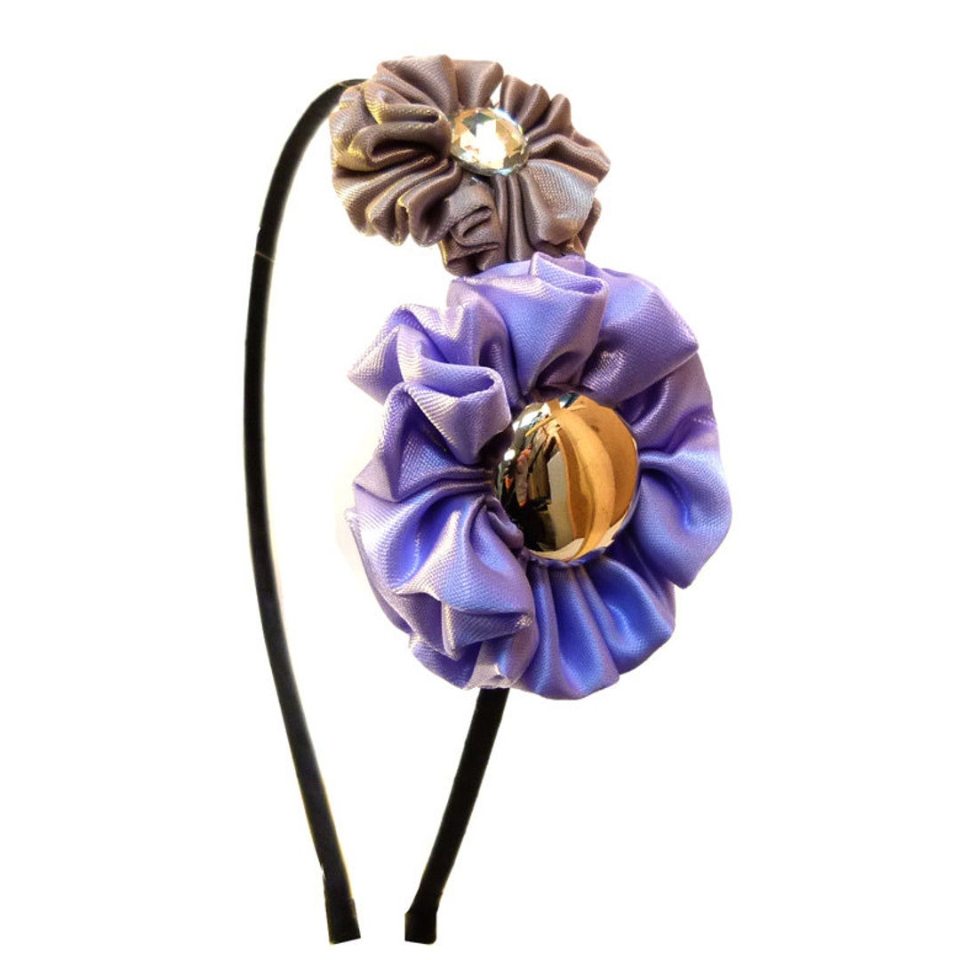 Retro Headband With Frilly Flowers in Purple Satin and Taupe Gray ...