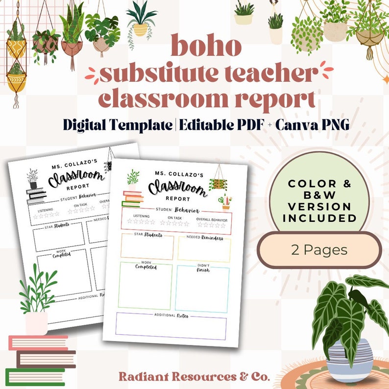 Substitute Teacher Daily Classroom Report Sheet Cute Boho Aesthetic ...