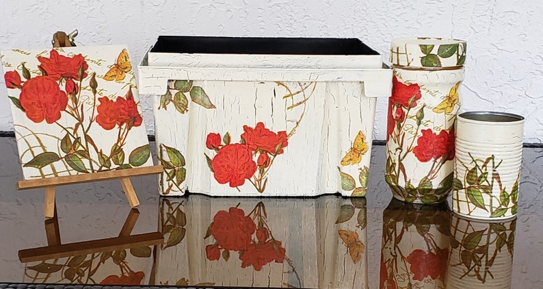 Red Flowers Bucket Decoupage Glass Jar W/top, Small Tile, and Small Can ...