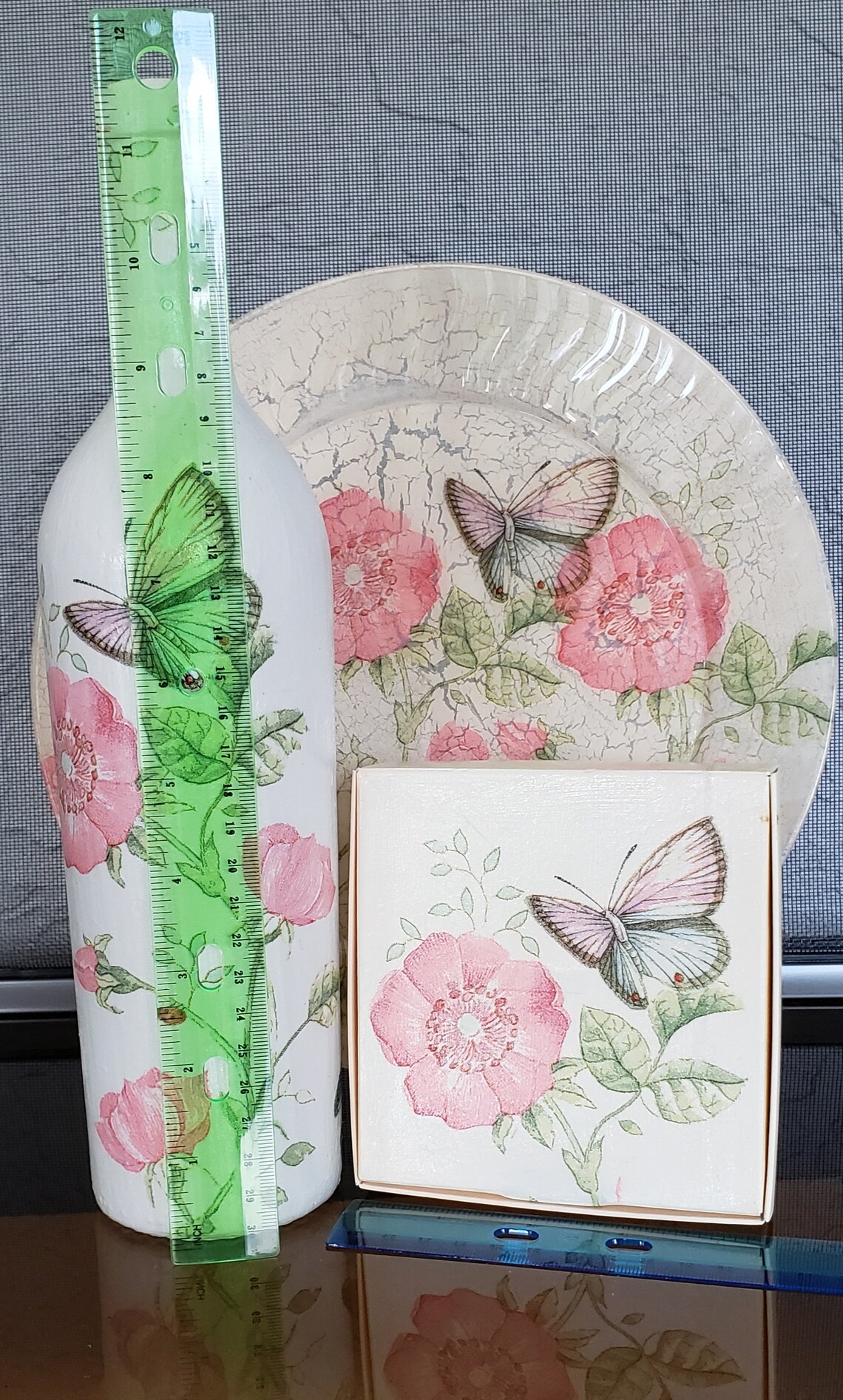 Pink Decoupage Wine Bottle Plastic Plate Reverse Decoupage - Etsy