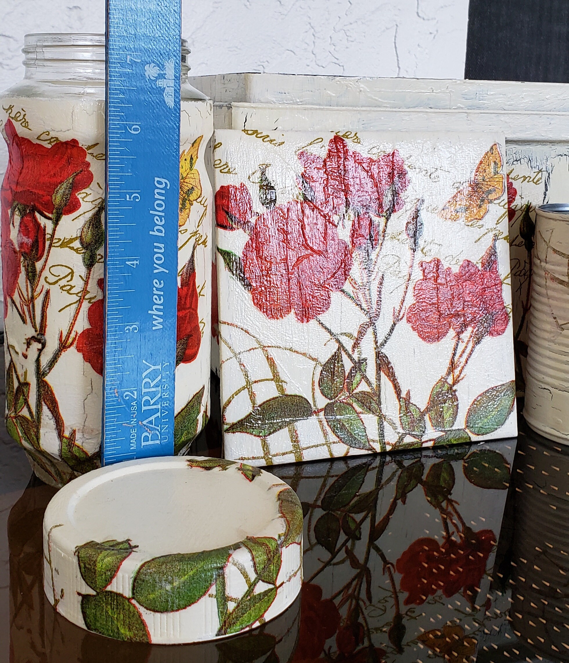 Red Flowers Bucket Decoupage Glass Jar W/top, Small Tile, and Small Can ...