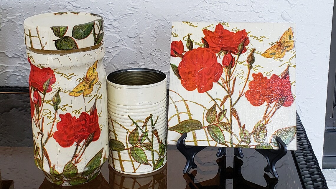 Red Flowers Bucket Decoupage Glass Jar W/top, Small Tile, and Small Can ...