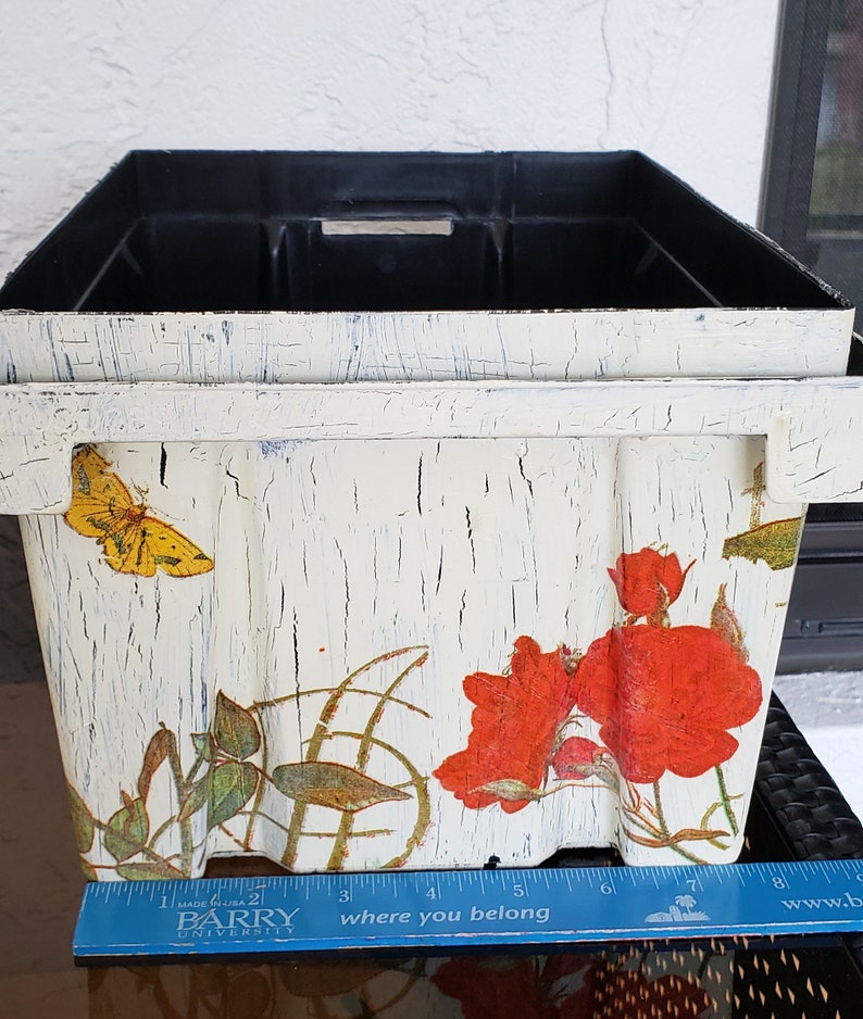 Red Flowers Bucket Decoupage Glass Jar W/top, Small Tile, and Small Can ...