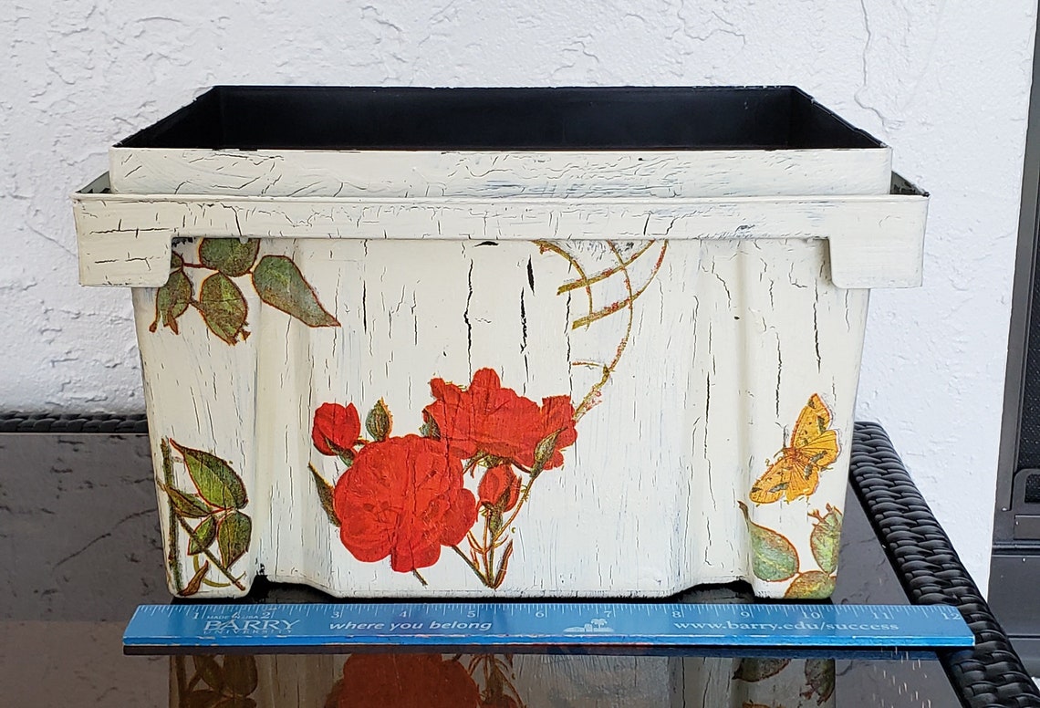 Red Flowers Bucket Decoupage Glass Jar W/top, Small Tile, and Small Can ...