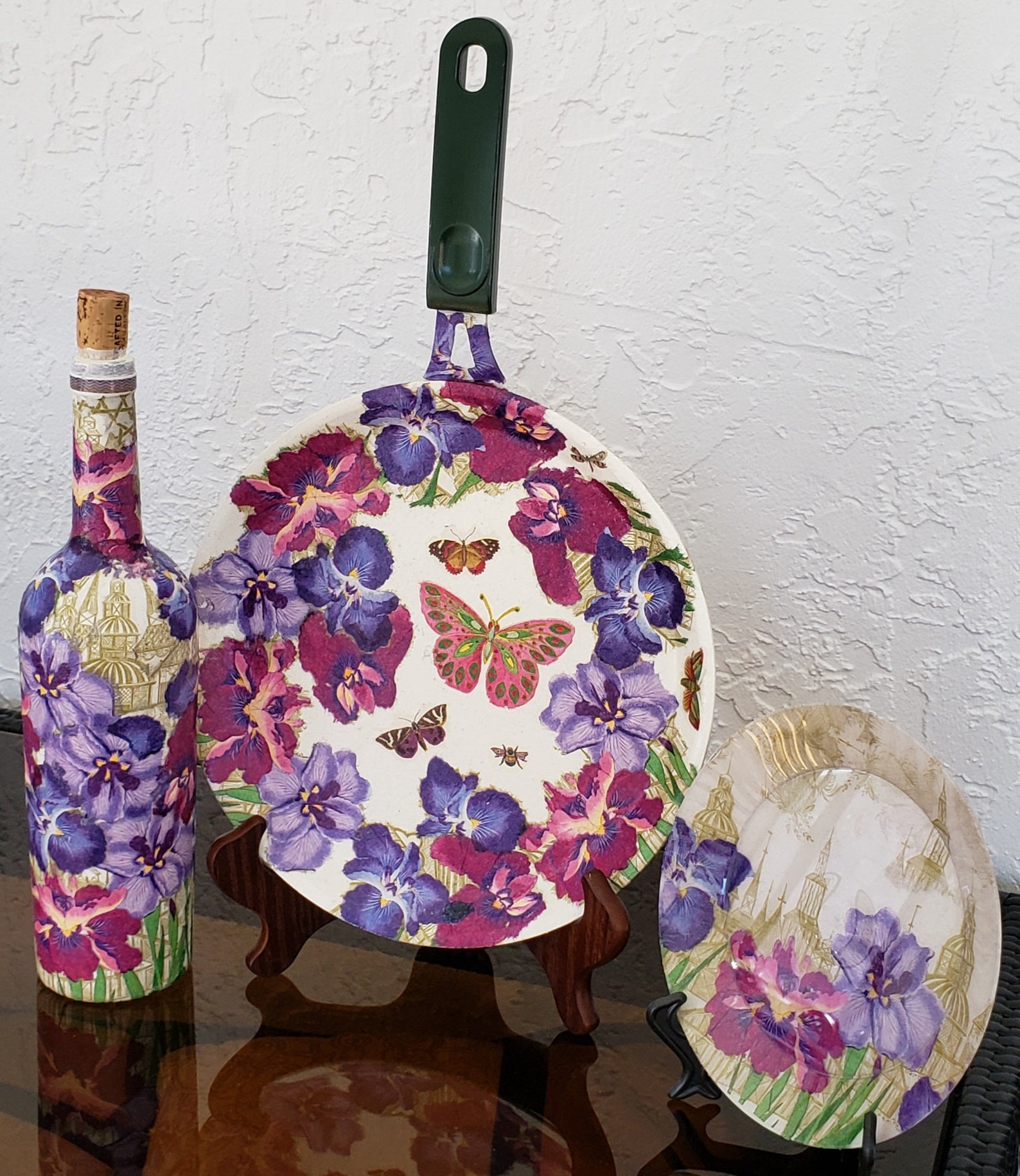 Kitchen Décor ORCHIDS Decoupage: Bottle, Pan, Plastic Plate - Purple ...