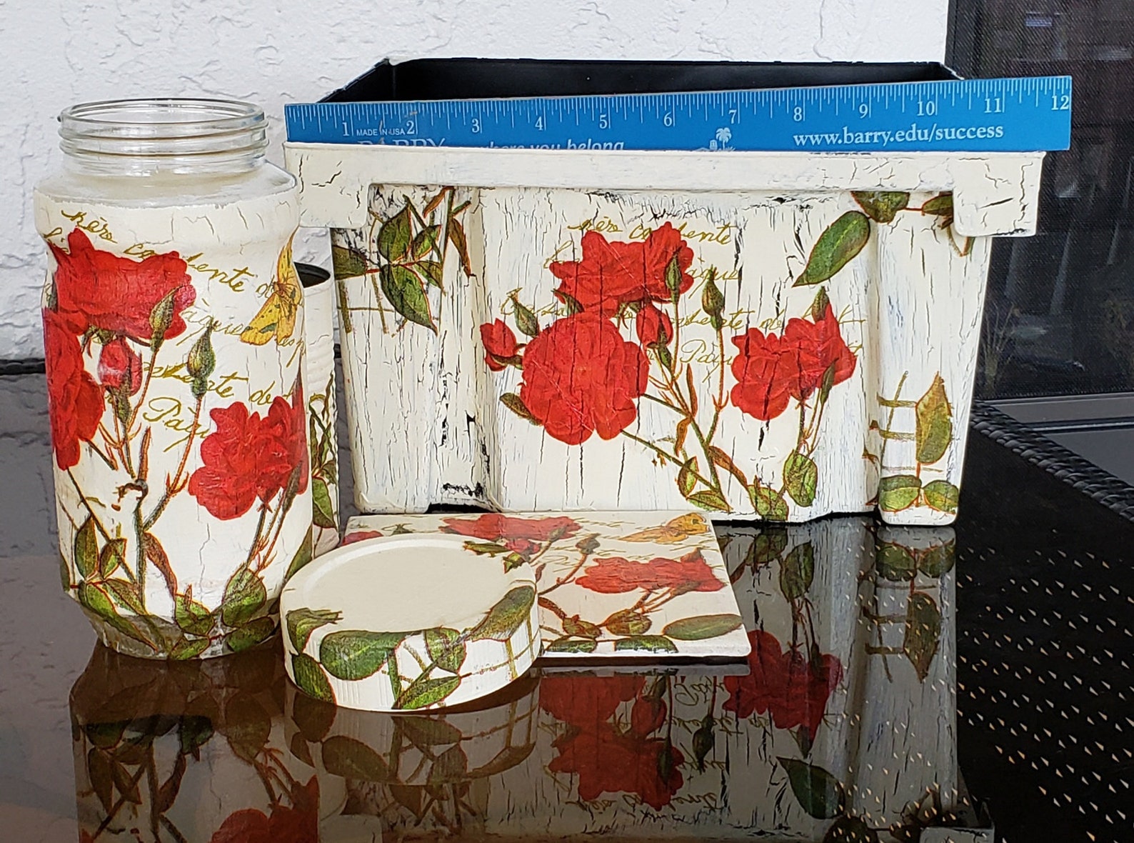 Red Flowers Bucket Decoupage Glass Jar W/top, Small Tile, and Small Can ...