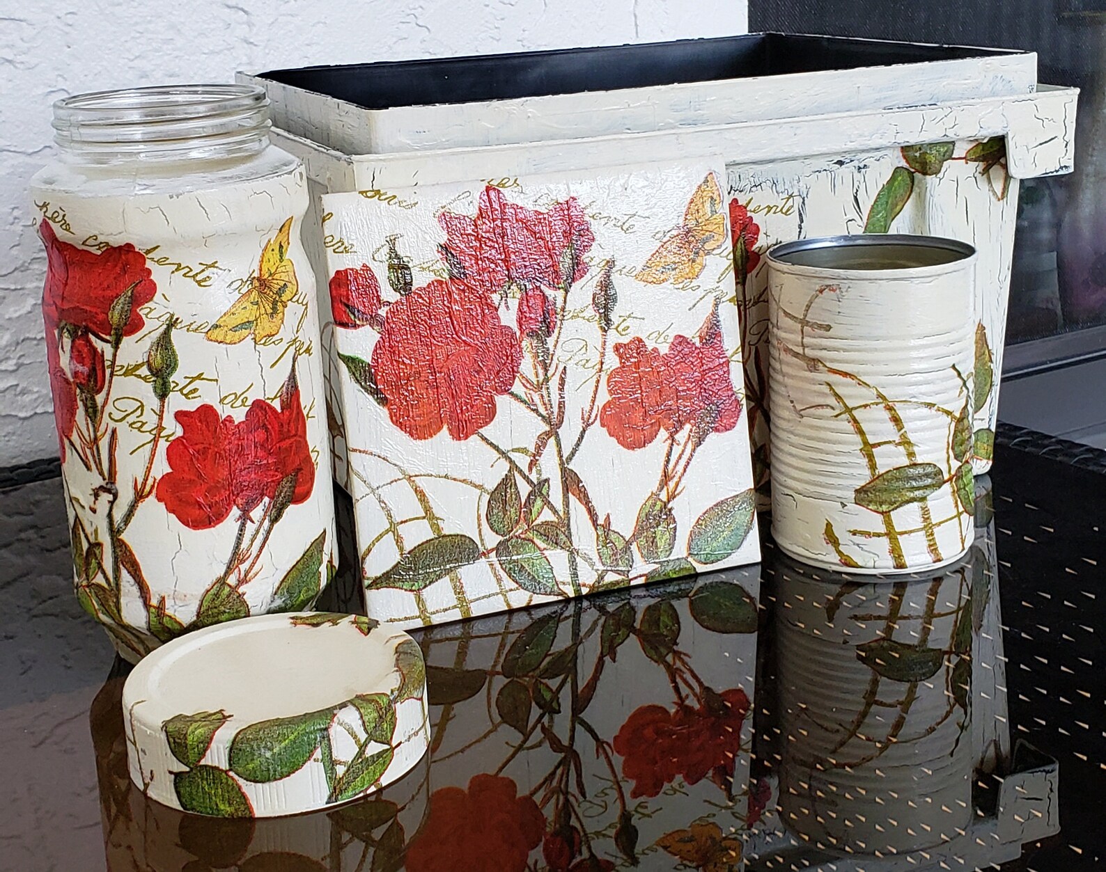 Red Flowers Bucket Decoupage Glass Jar W/top, Small Tile, and Small Can ...