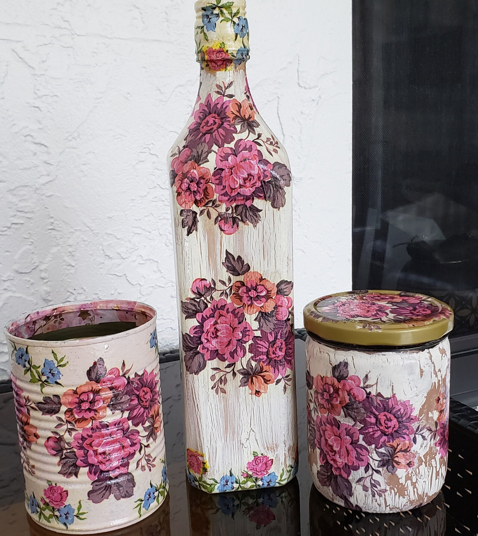 Set3 Items Decoupage Glass Bottle Glass Jar With Lid Etsy