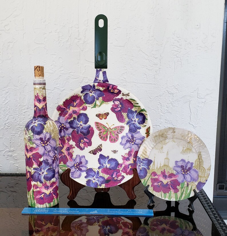 Kitchen Décor ORCHIDS Decoupage: Bottle, Pan, Plastic Plate - Purple ...