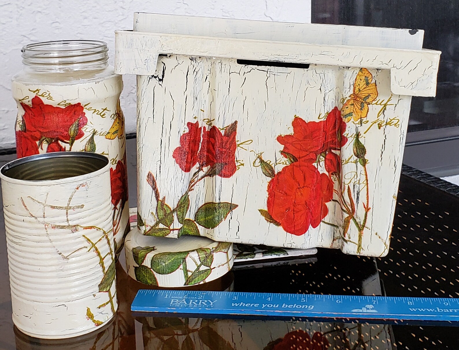 Red Flowers Bucket Decoupage Glass Jar W/top, Small Tile, and Small Can ...