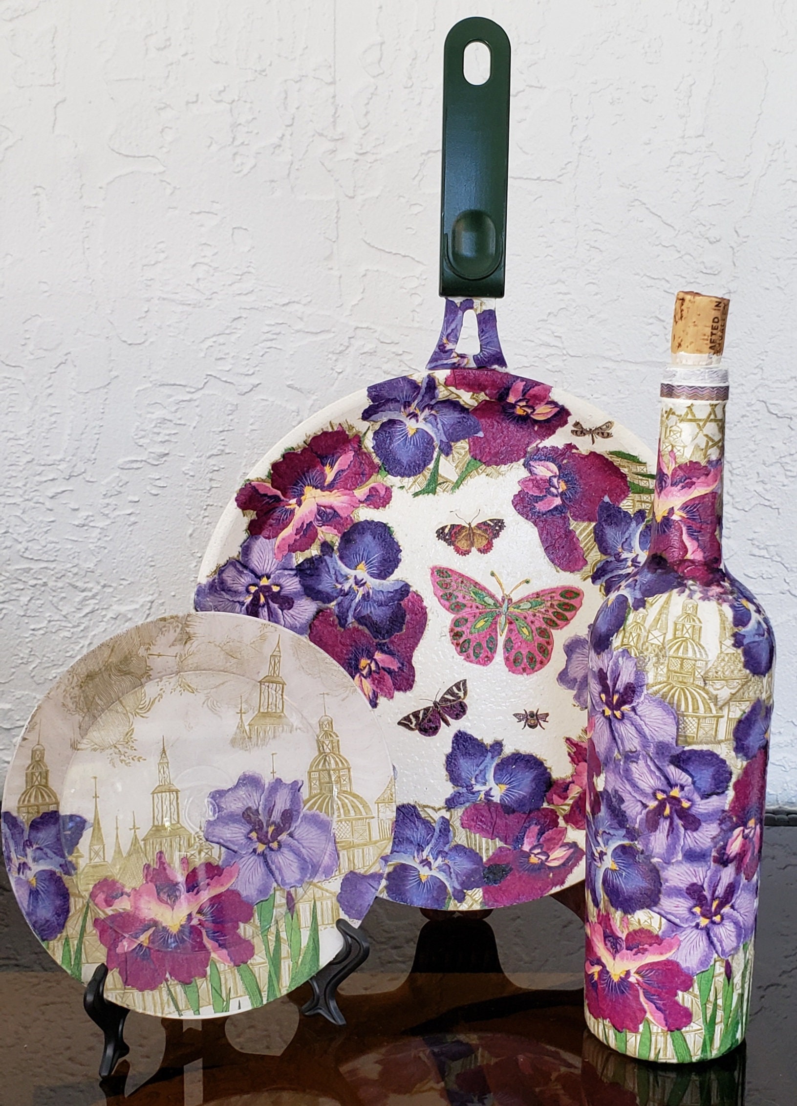 Kitchen Décor ORCHIDS Decoupage: Bottle, Pan, Plastic Plate - Purple ...