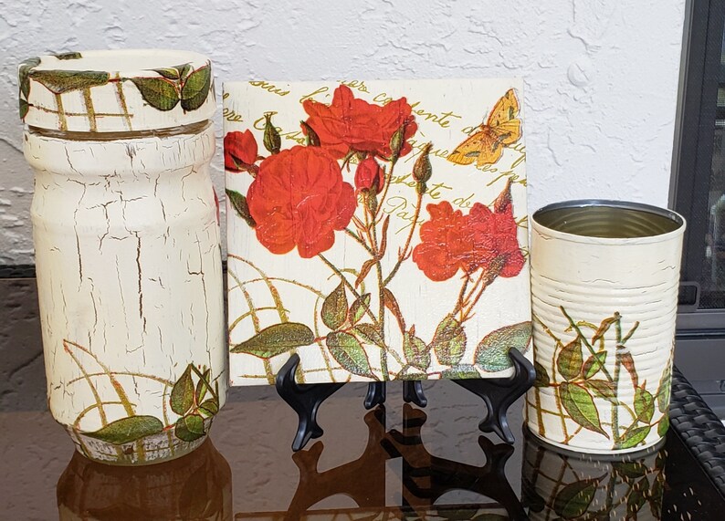 Red Flowers Bucket Decoupage Glass Jar W/top, Small Tile, and Small Can ...