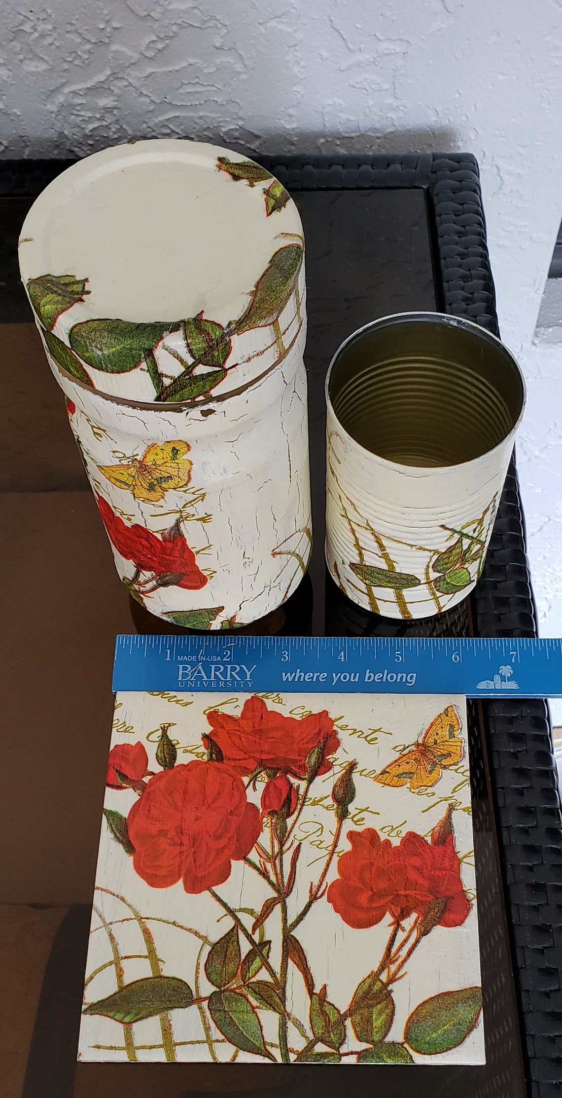 Red Flowers Bucket Decoupage Glass Jar W/top, Small Tile, and Small Can ...