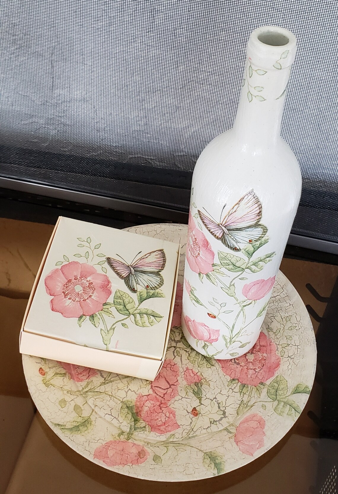 Pink Decoupage Wine Bottle Plastic Plate Reverse Decoupage - Etsy