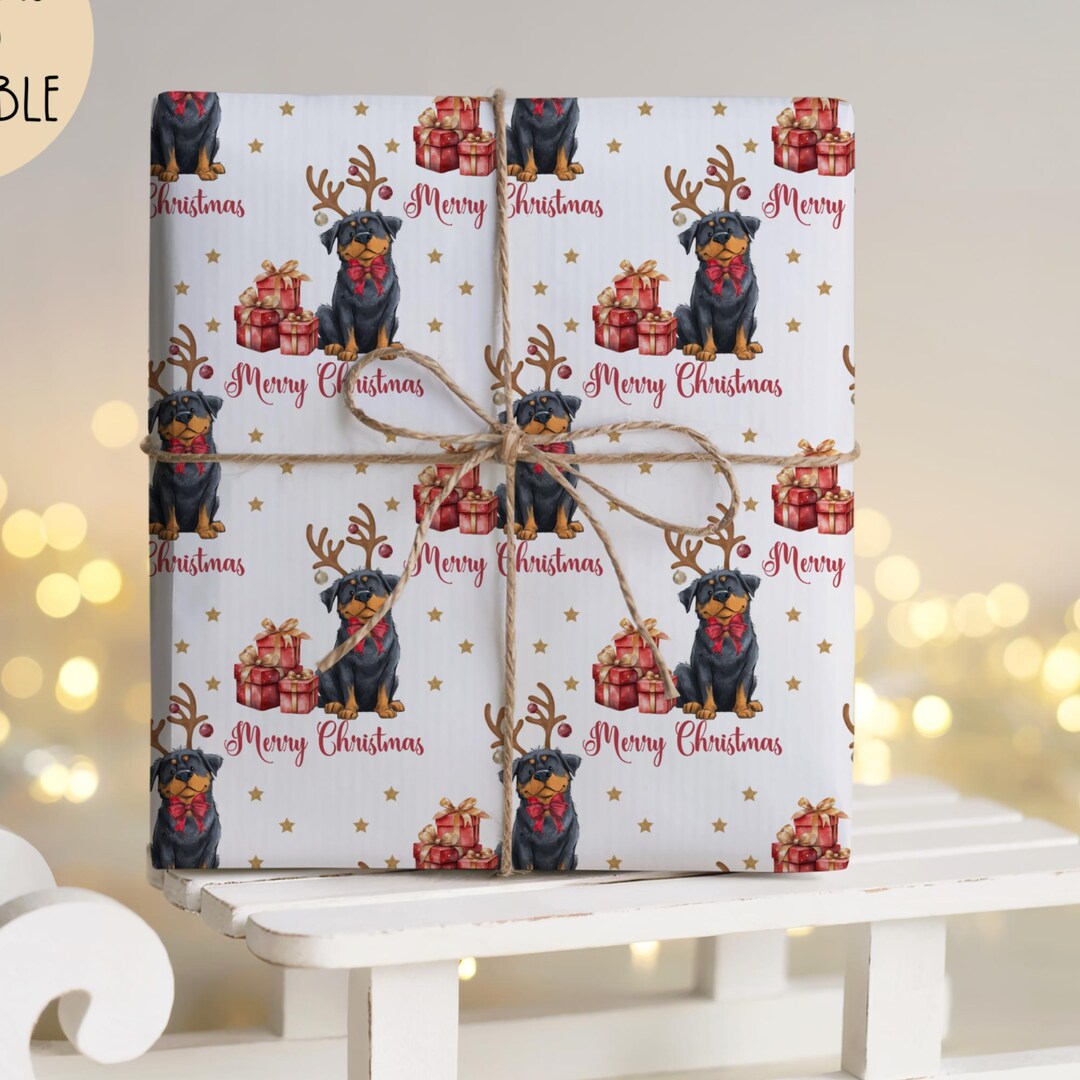 Dog Christmas Gift Wrap, Rottweiler Xmas Wrapping Paper Roll, Rottie ...