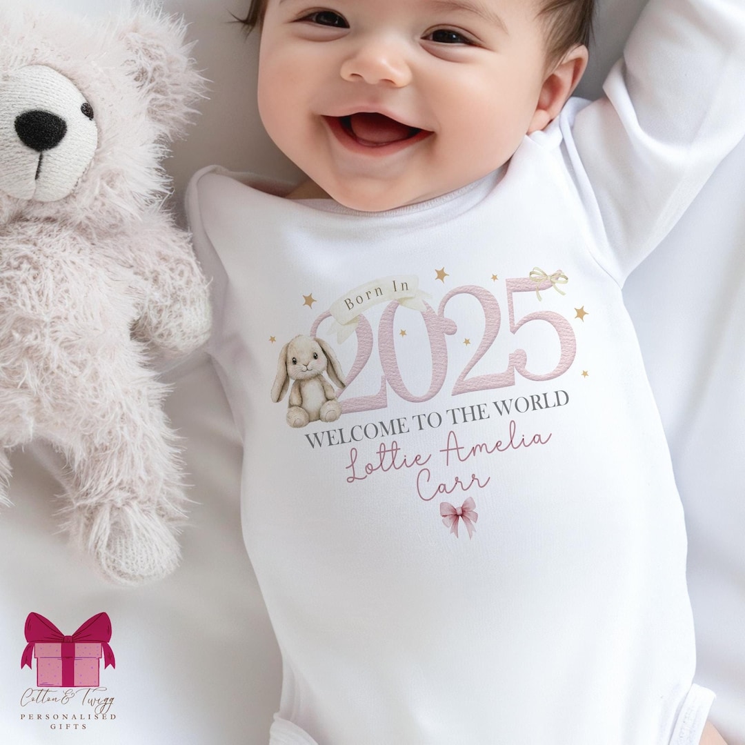 Personalised Born in 2025 Baby Sleepsuit, Vest & Bib, Personalised Baby ...