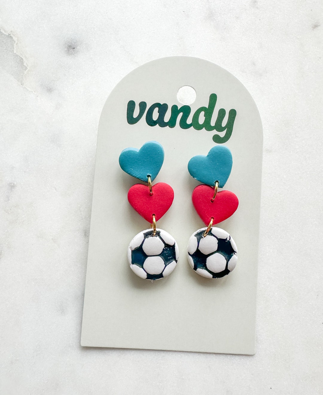 KC Current Polymer Clay Earrings | Teal, Red Heart & Soccer Ball Dangle ...