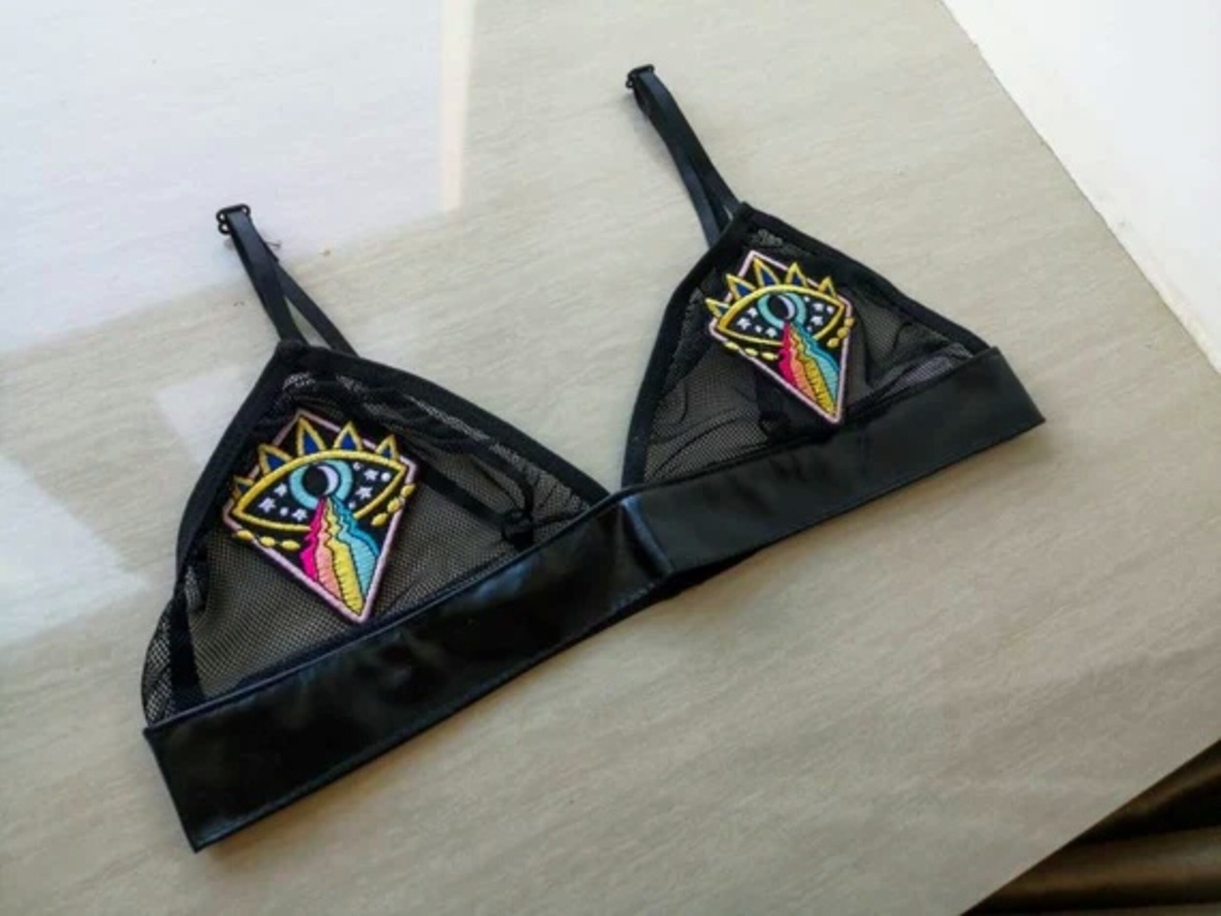 Black Bra See Through Mesh Rave Festival Bralette Rainbow Eye of ...