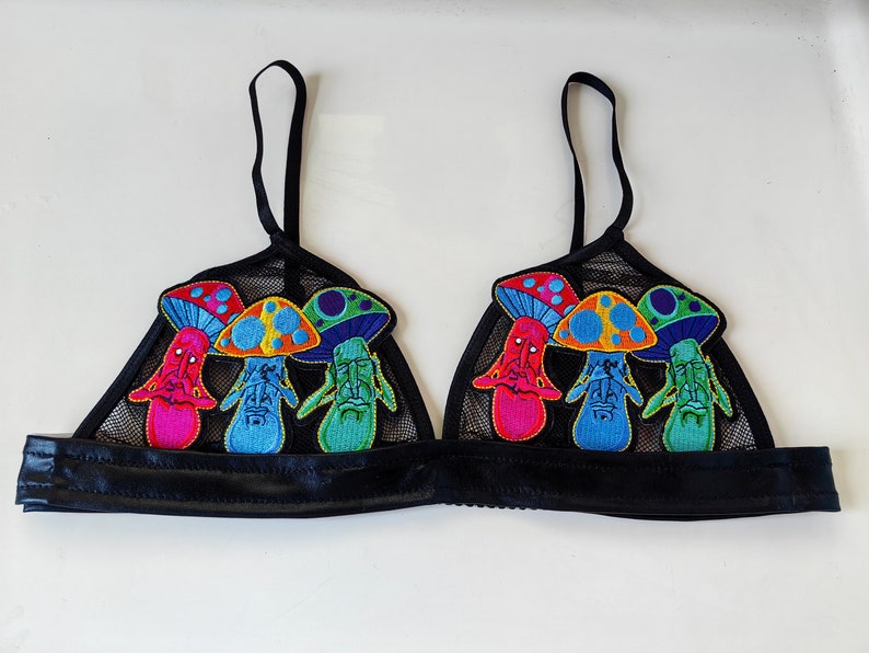 Trippy Mushroom Bra Fly Agaric Triangle Black See Through Sheer Mesh ...
