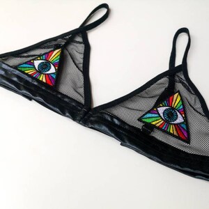 Black Triangle Bralette See Through Mesh Bra Rave Festival Top Rainbow ...