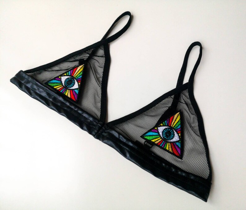 Black Triangle Bralette See Through Mesh Bra Rave Festival Top Rainbow ...