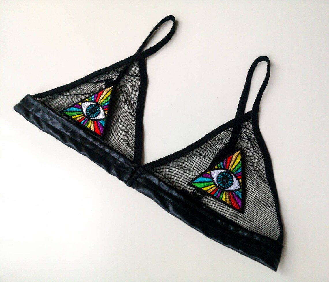Black Triangle Bralette See Through Mesh Bra Rave Festival Top Rainbow ...